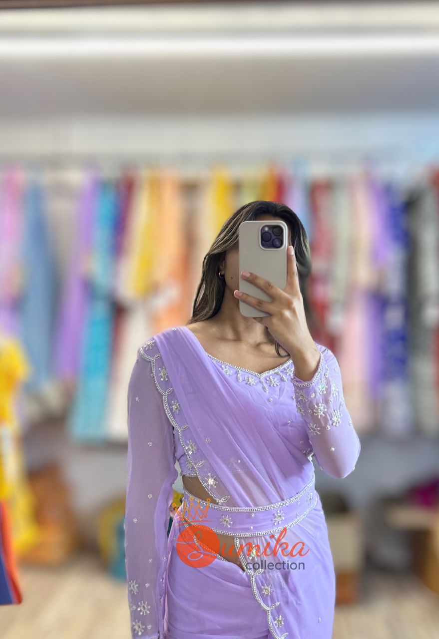 Heavy Handwork Ready-to-Wear Lavender Saree Set | Nepali Clothing Store ...